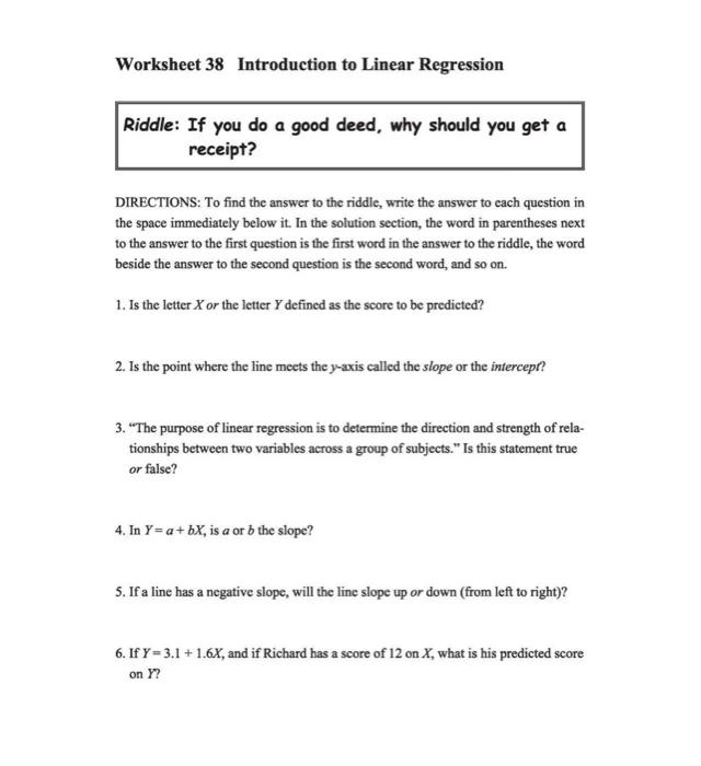 Solved Worksheet 38 Introduction to Linear Regression | Chegg.com