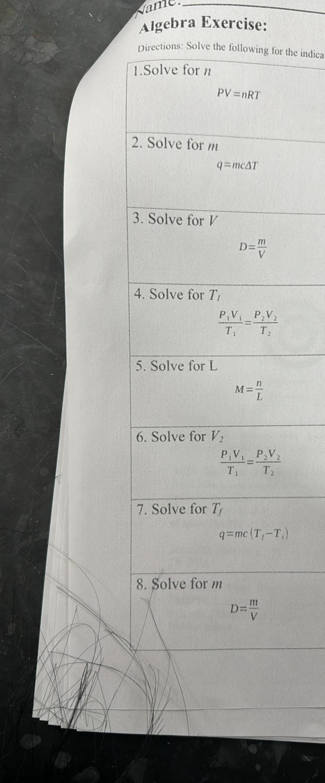 Solved Algebra Exercise:Directions: Solve the following for | Chegg.com
