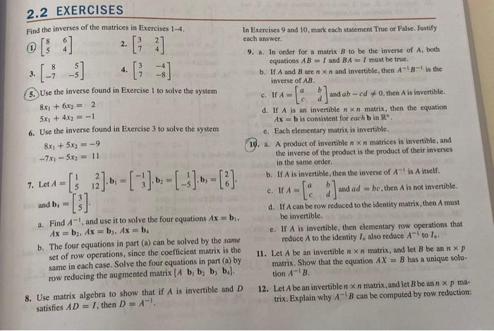 Solved Find the inverses of the matrices in Exereises 1-4. | Chegg.com