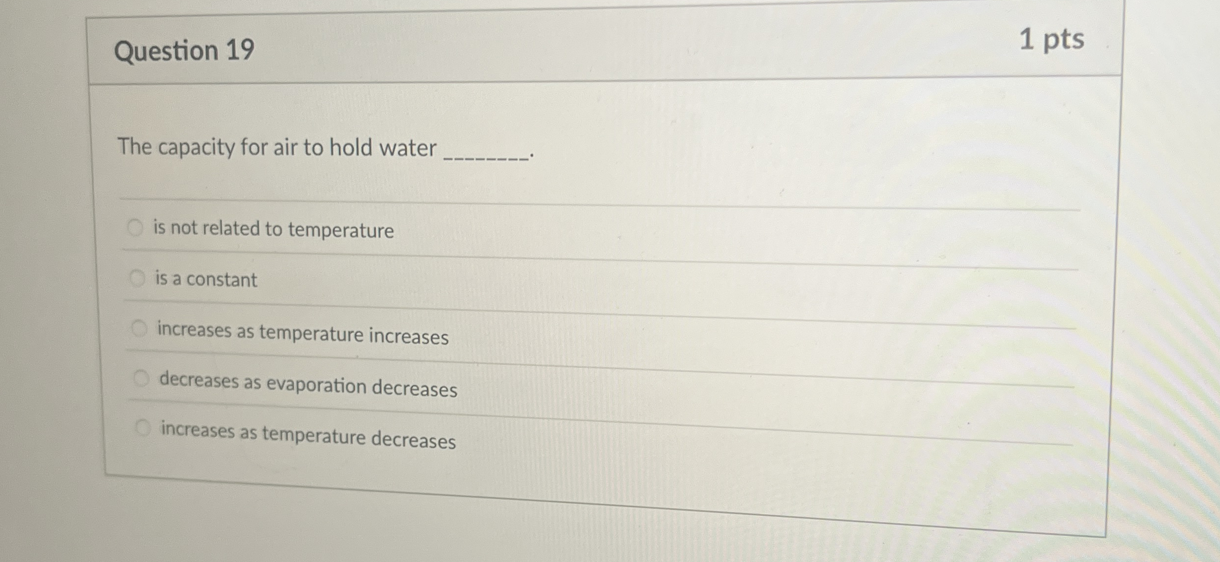 Solved Question 191 ﻿ptsThe capacity for air to hold water | Chegg.com