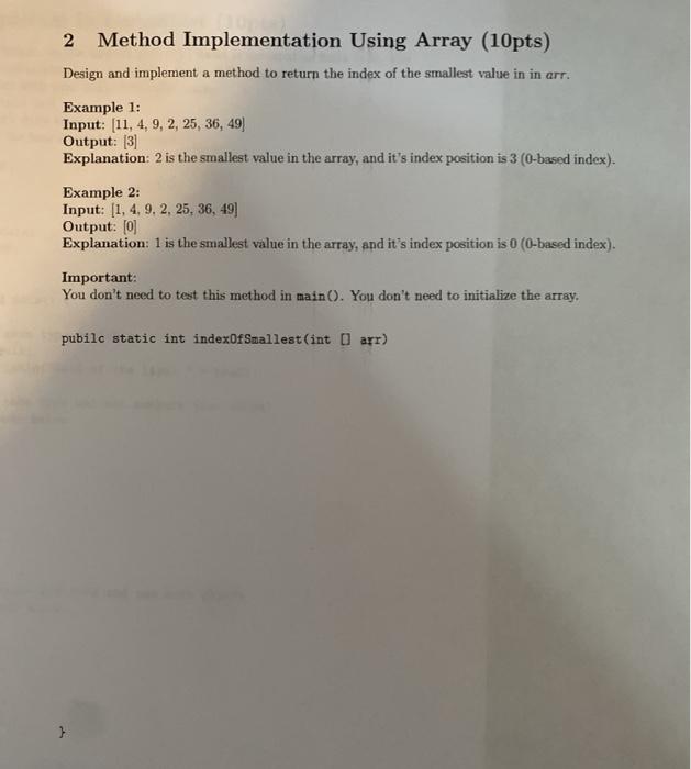 Solved 2 Method Implementation Using Array (10pts) Design | Chegg.com