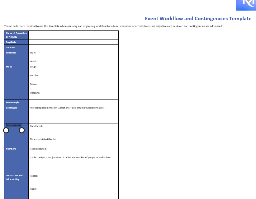 Solved Event Workflow and Contingencies TemplateTeam Leaders | Chegg.com