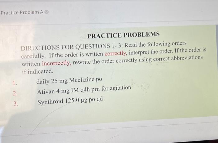 Solved Practice Problem A PRACTICE PROBLEMS DIRECTIONS FOR | Chegg.com