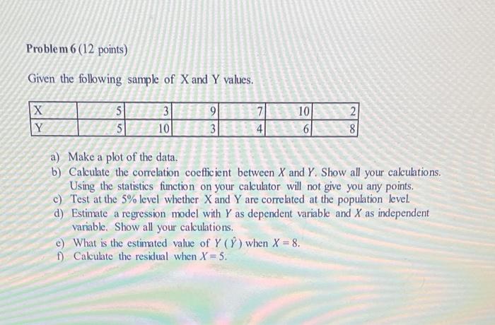 Solved Problem 6 (12 points) Given the following sample of X | Chegg.com Solved Problem 6 (12 points) Given the following sample of X | Chegg.com