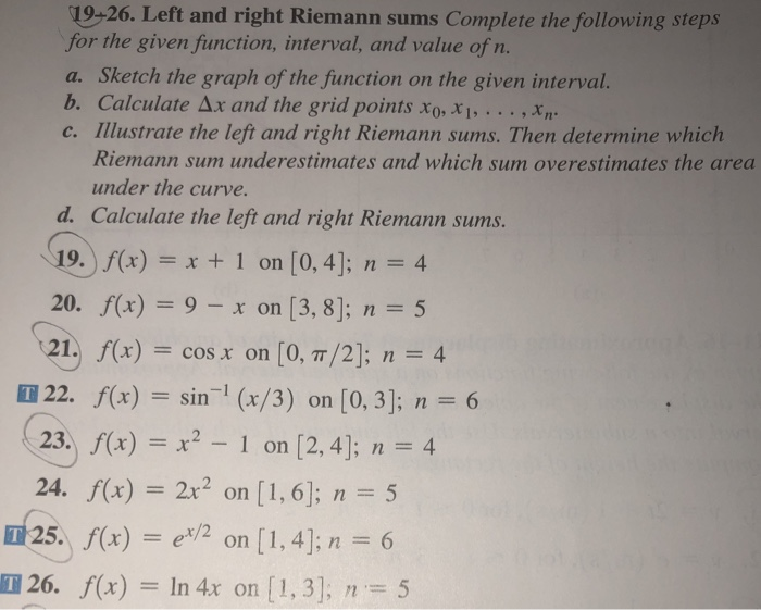 Solved 19-26. Left and right Riemann sums Complete the | Chegg.com