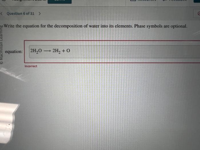 Solved Write the equation for the decomposition of water | Chegg.com