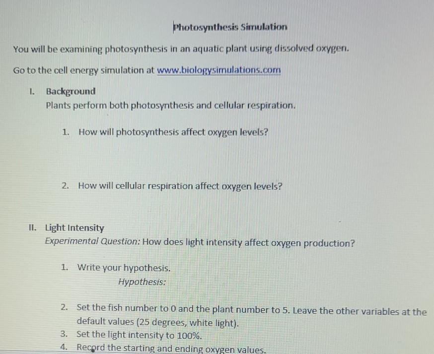 Solved photosynthesis Simulation You will be examining | Chegg.com