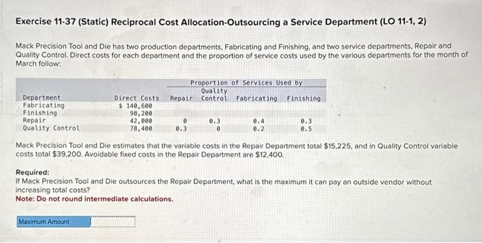 Solved Exercise 11-37 (Static) Reciprocal Cost | Chegg.com