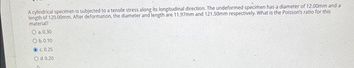 Solved A cylindrical specimen is subjected to a tensile | Chegg.com