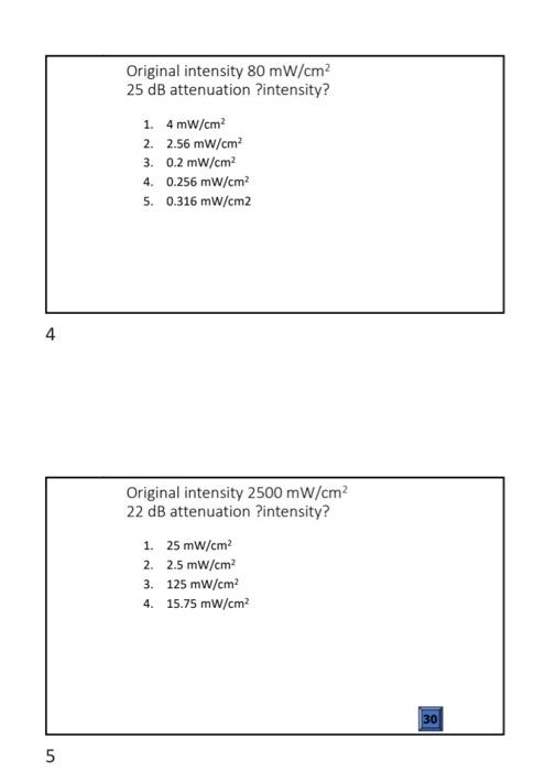 Solved Original intensity 80 mW/cm2 25 dB attenuation | Chegg.com