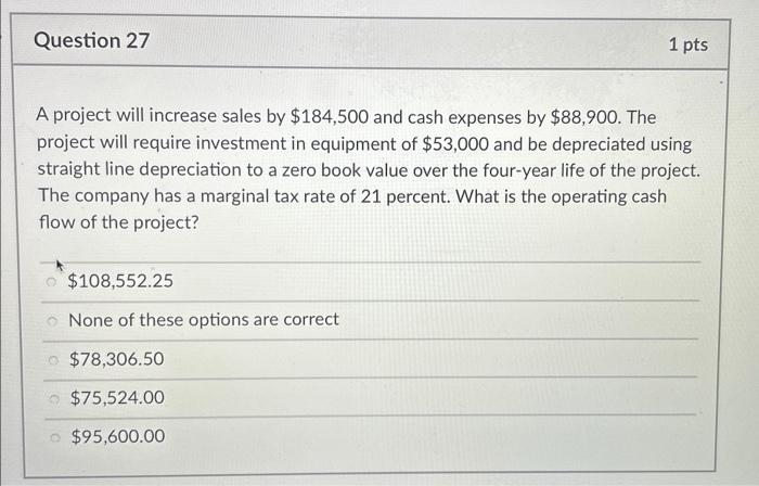 Solved A project will increase sales by $184,500 and cash | Chegg.com
