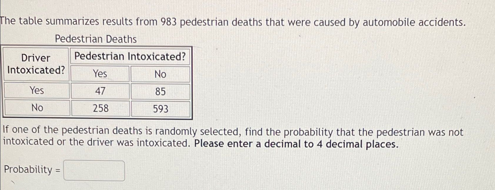 Solved The table summarizes results from 983 ﻿pedestrian | Chegg.com