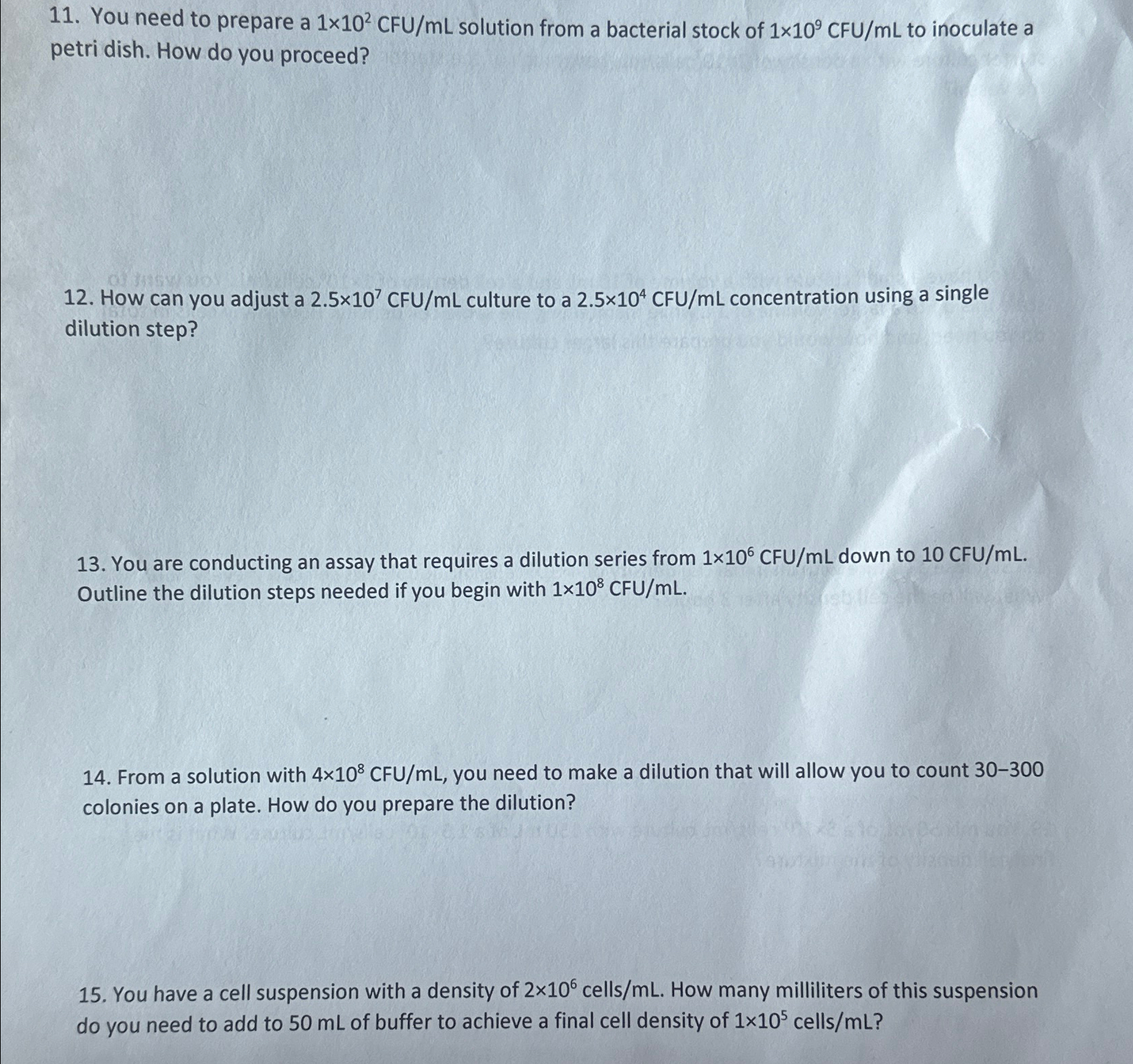 Solved You need to prepare a 1×102CFUmL ﻿solution from a | Chegg.com