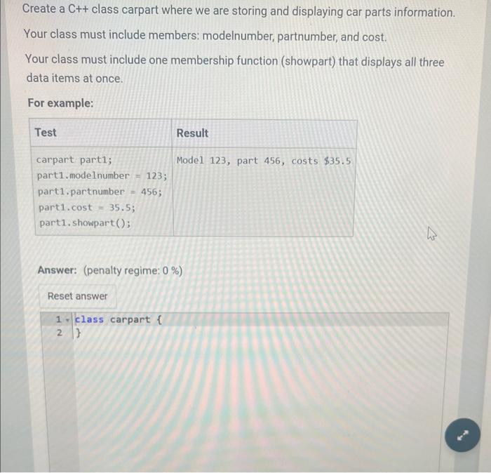 Solved Create a C++ class carpart where we are storing and | Chegg.com