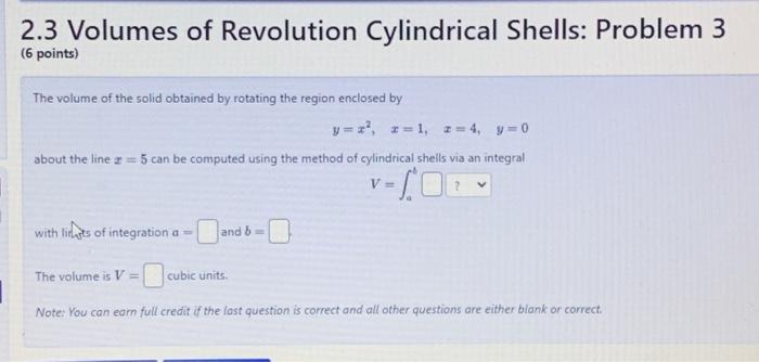 Solved 2.3 Volumes of Revolution Cylindrical Shells: Problem | Chegg.com