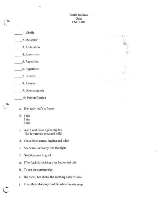 Poetic Devices Quiz ENC 1102 1. Simile 2. Metaphor 3. | Chegg.com