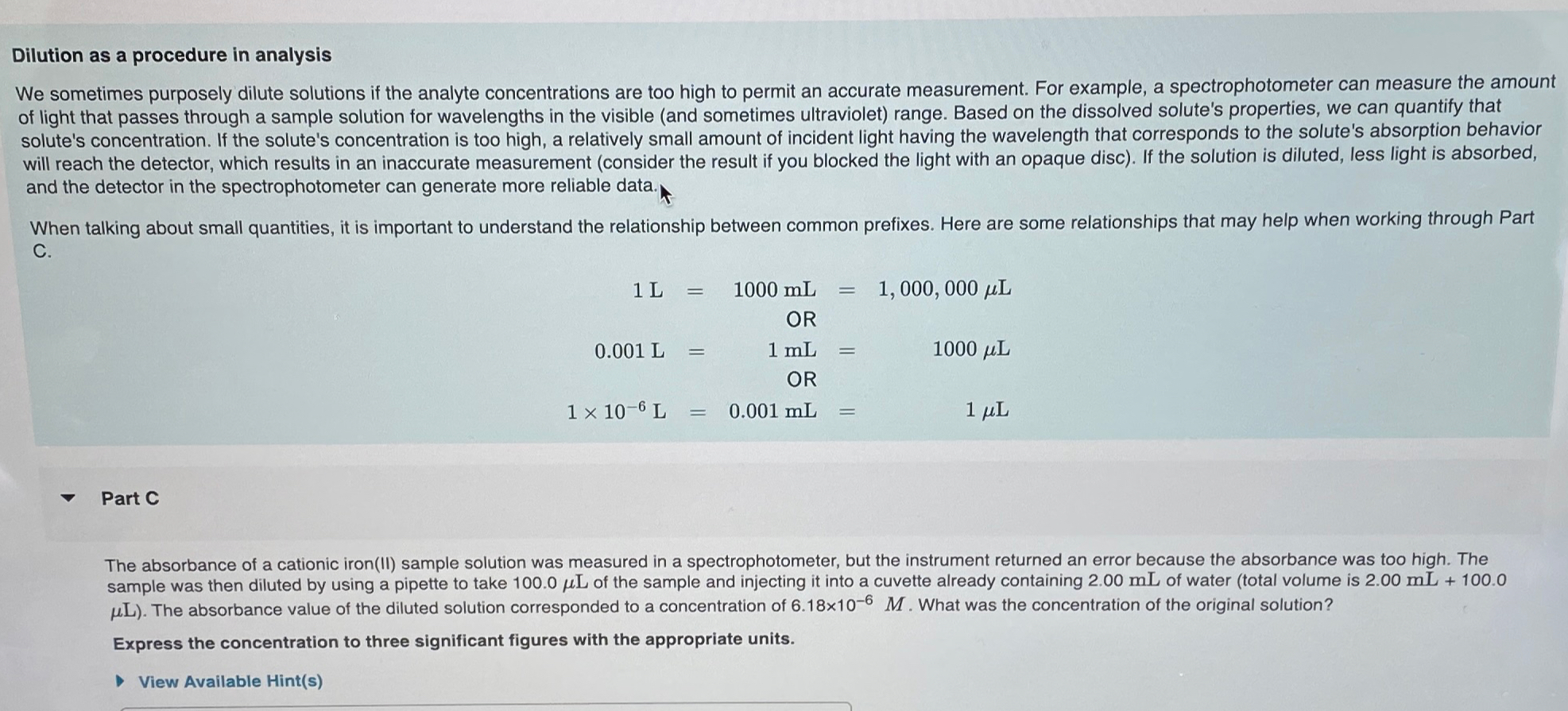 Solved ((]}[Part CThe absorbance of a cationic iron(II) | Chegg.com