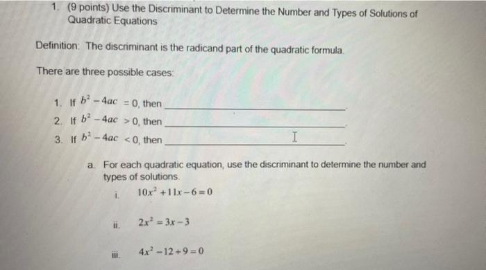 Solved 1. (9 points) Use the Discriminant to Determine the | Chegg.com