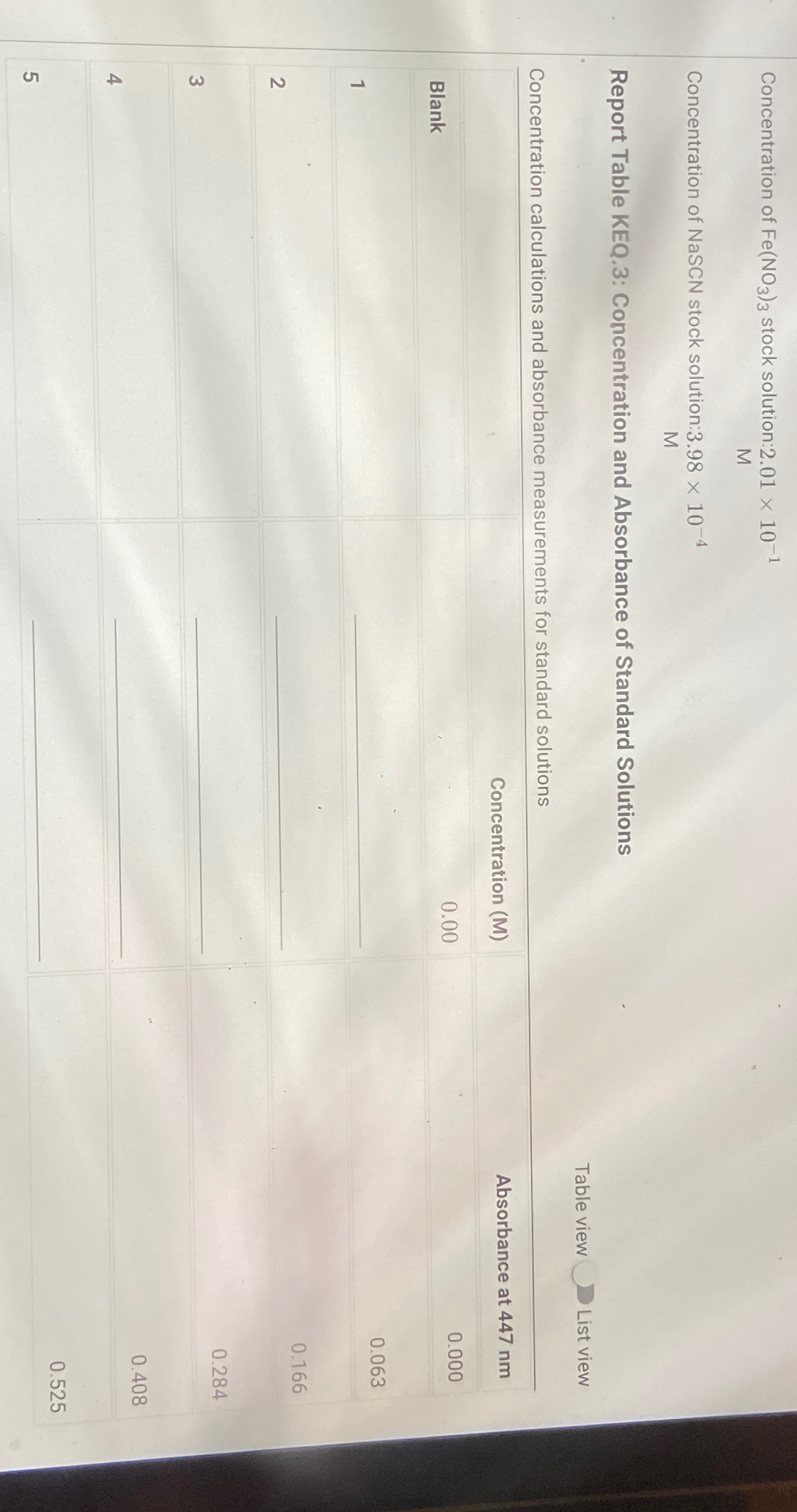Concentration of Fe(NO3)3 ﻿stock solution: | Chegg.com