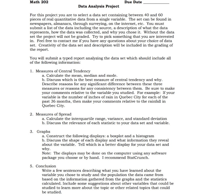 Solved Data Analysis ProjectFor this project you are to | Chegg.com