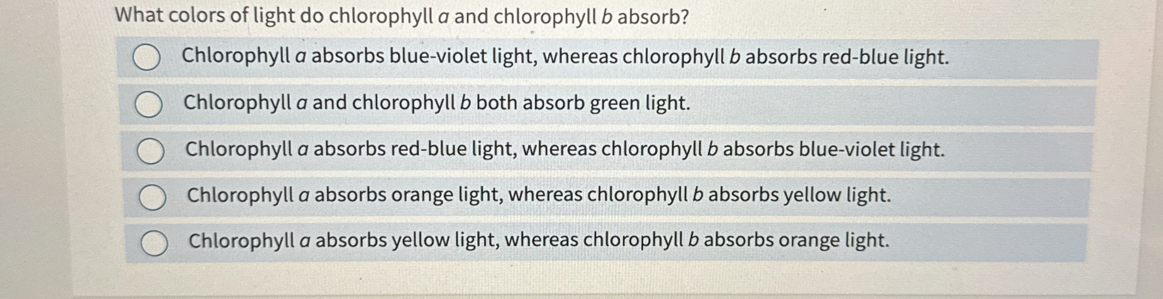 Solved What colors of light do chlorophyll a and chlorophyll | Chegg.com