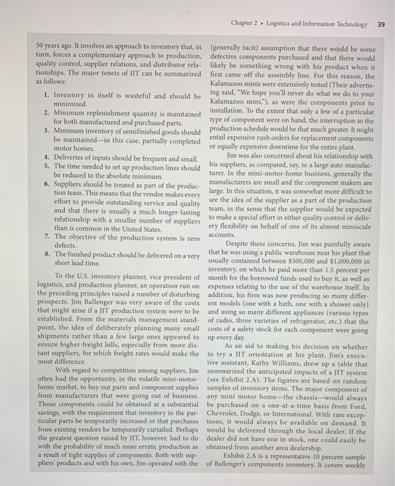 Solved CASE CASE 2.1 Just-in-Time in Kalamazoo Jim Ballenger | Chegg.com