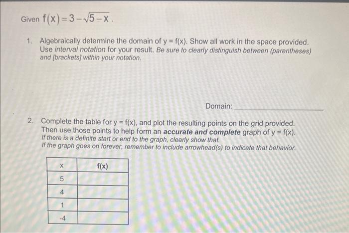 Solved Given f(x)=3−5−x 1. Algebraically determine the | Chegg.com