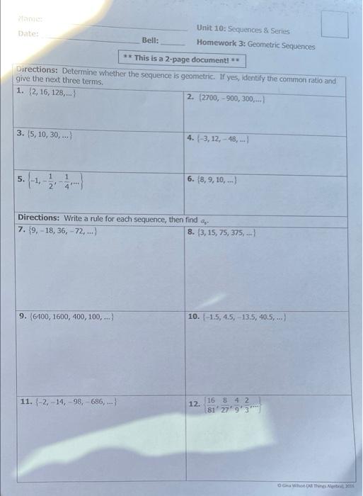 Solved W Unit 10: Sequences & Series Date: Bell: Homework 3: | Chegg.com