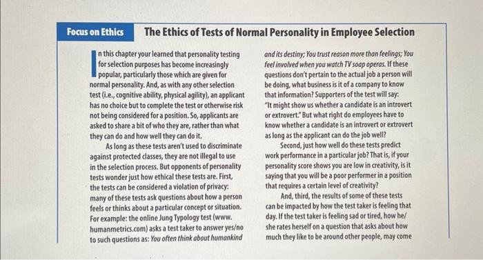 The Ethics of Tests of Normal Personality in Employee | Chegg.com
