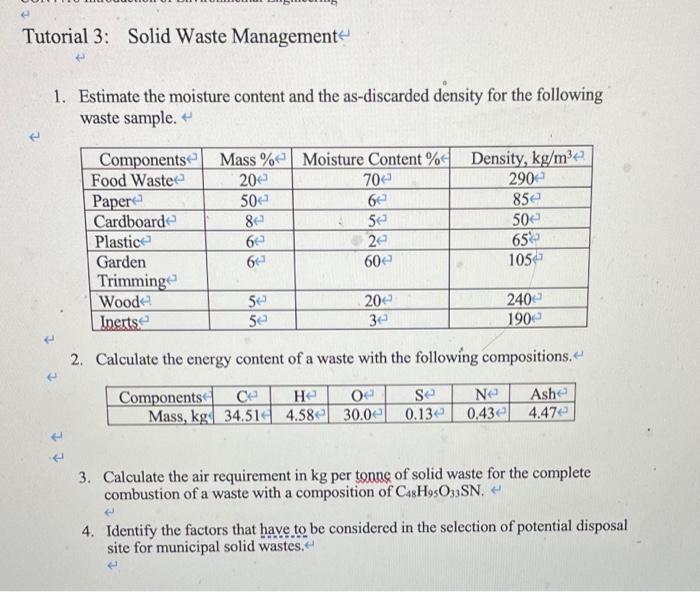 Solved Tutorial 3: Solid Waste Management 1. Estimate the | Chegg.com