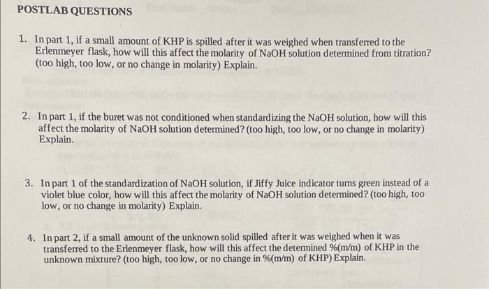 1. In part 1, if a small amount of KHP is spilled | Chegg.com