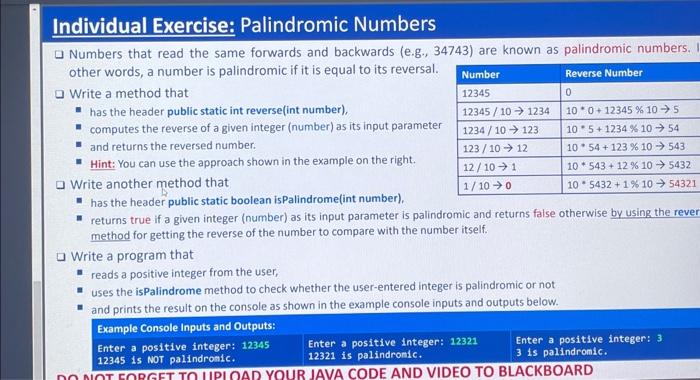 Solved Individual Exercise: Palindromic Numbers Numbers that | Chegg.com