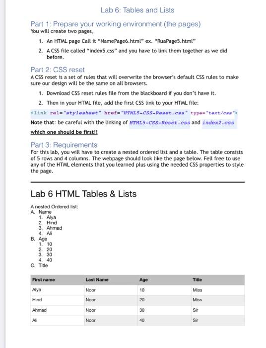 Solved Lab 6: Tables and Lists Part 1: Prepare your working | Chegg.com