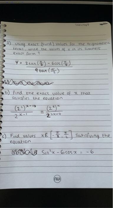 Solved 1069 1) using exact (surd) values for the | Chegg.com