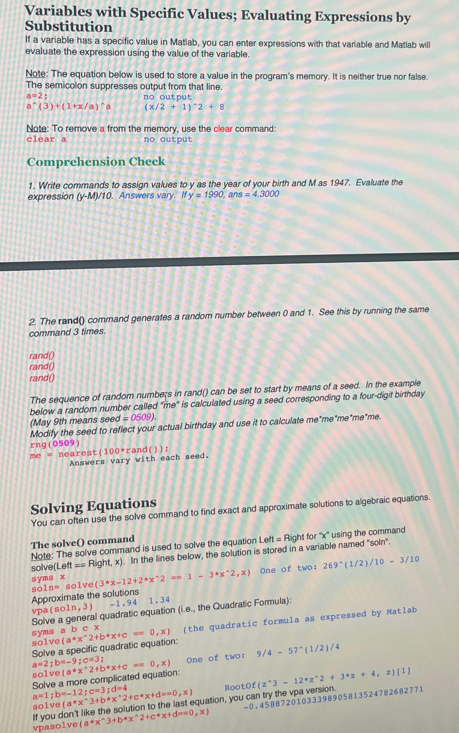 Solved Variables with Specific Values; Evaluating | Chegg.com
