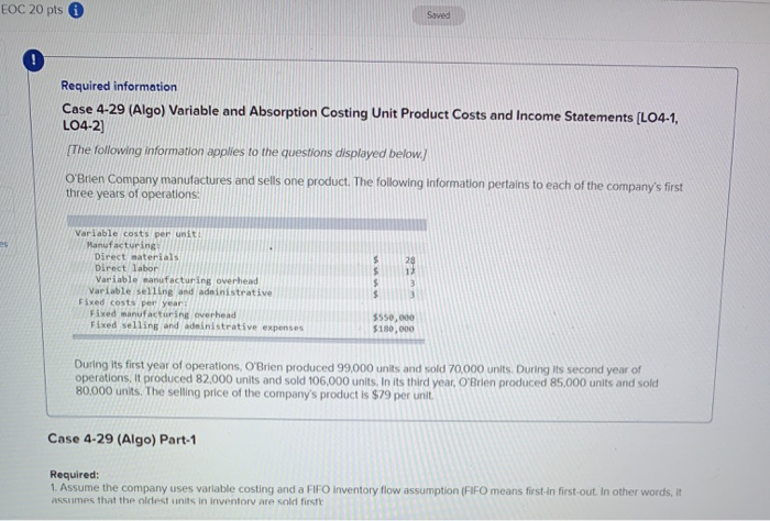 Solved EOC 20 pts 6 Saved Required information Case 4-29 | Chegg.com