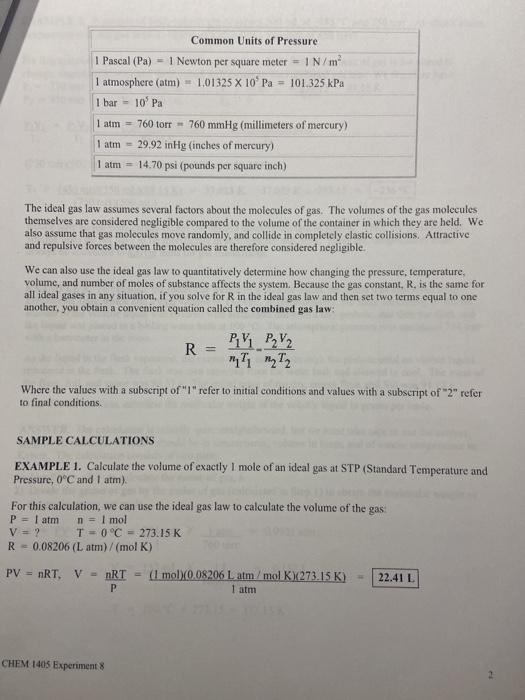 EXPERIMENT 8 - Ideal Gas Law: Molecular Weight of a | Chegg.com