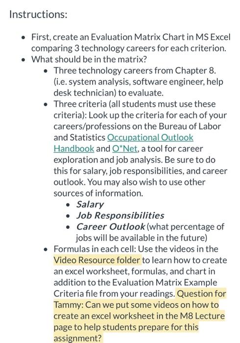 Solved tructions: First, create an Evaluation Matrix Chart | Chegg.com