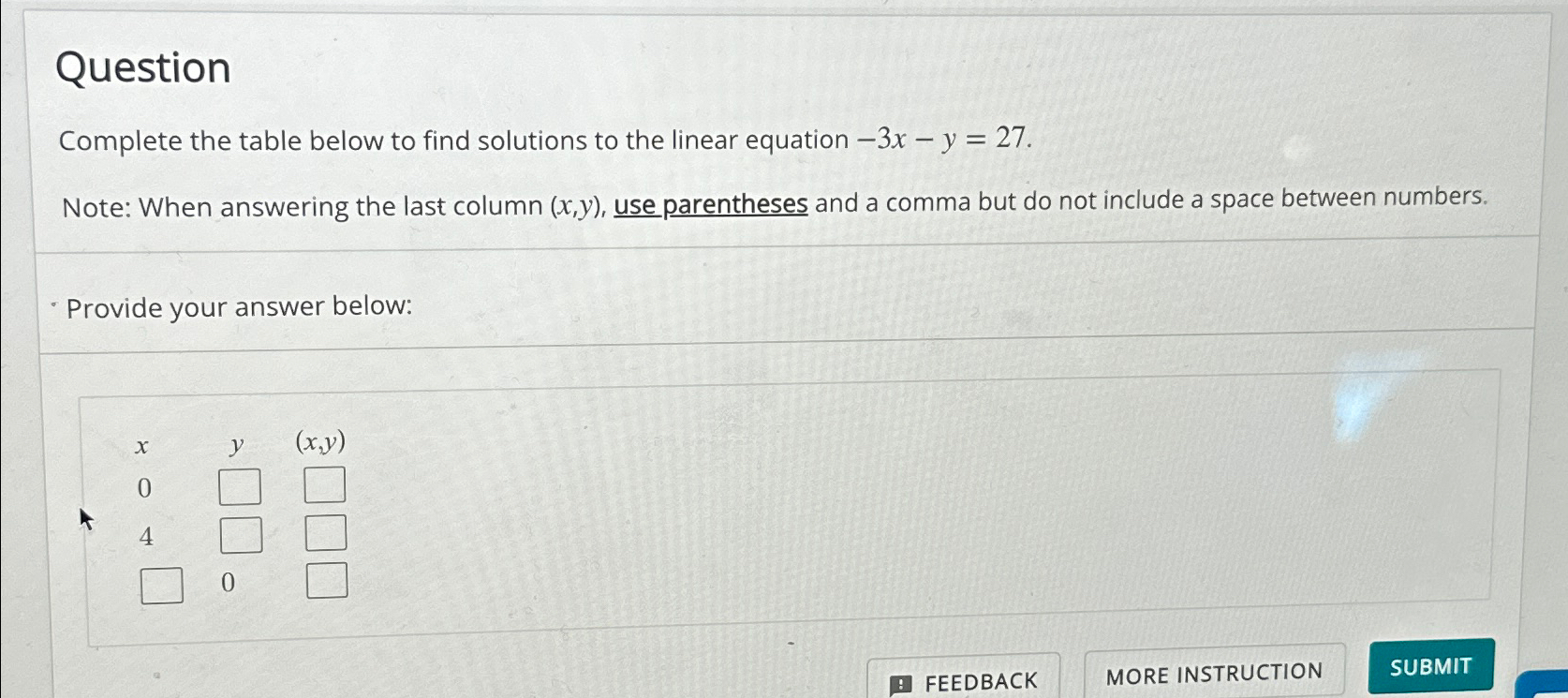 Solved QuestionComplete the table below to find solutions to | Chegg.com