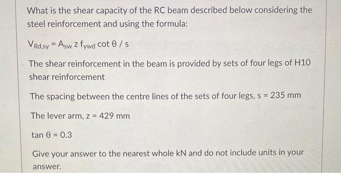Solved What is the shear capacity of the RC beam described | Chegg.com