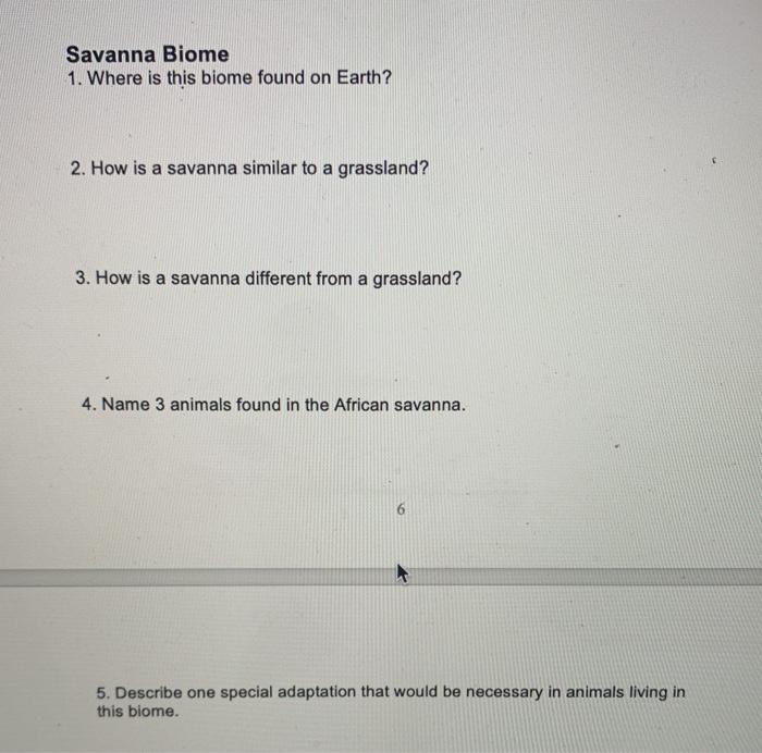 Solved Savanna Biome 1. Where is this biome found on Earth? | Chegg.com
