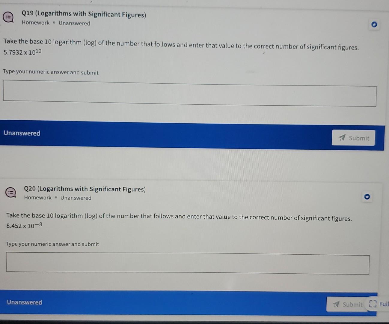 Solved Q19 (Logarithms with Significant Figures) Homework • | Chegg.com