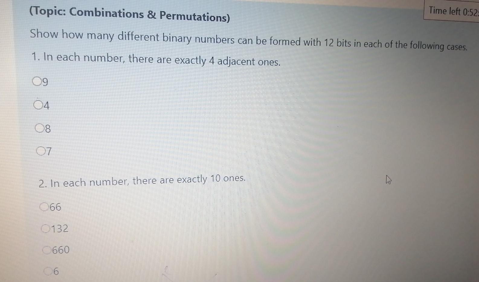 Solved (Topic: Combinations & Permutations) Time left 0:52 | Chegg.com