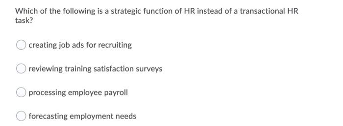 Solved Which of the following is a strategic function of HR | Chegg.com