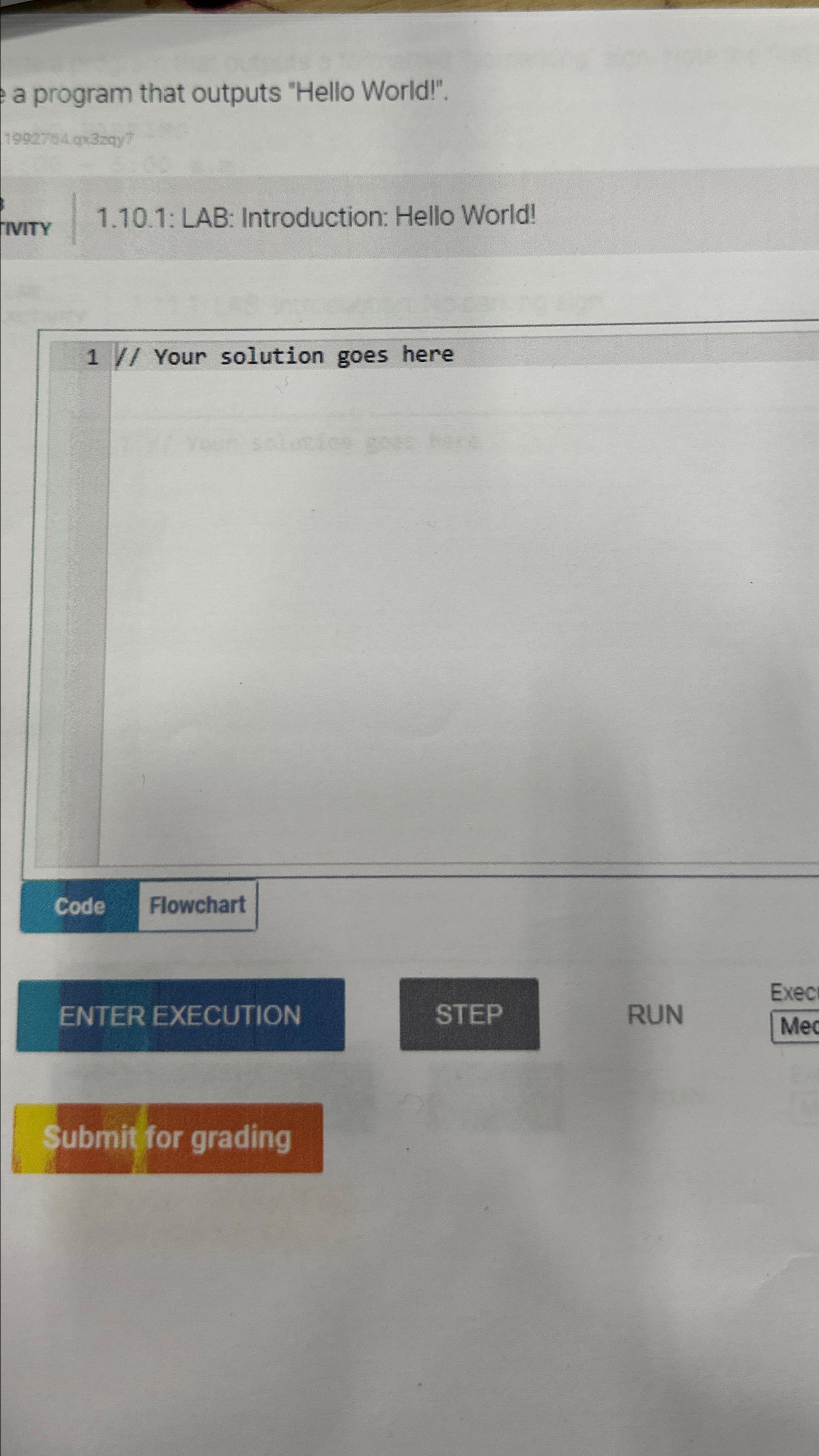 Solved a program that outputs "Hello World!".1.10.1: LAB: | Chegg.com