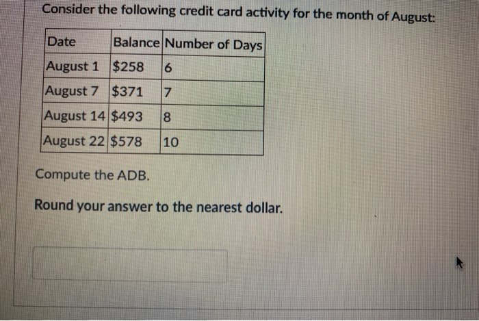 Solved Consider the following credit card activity for the | Chegg.com