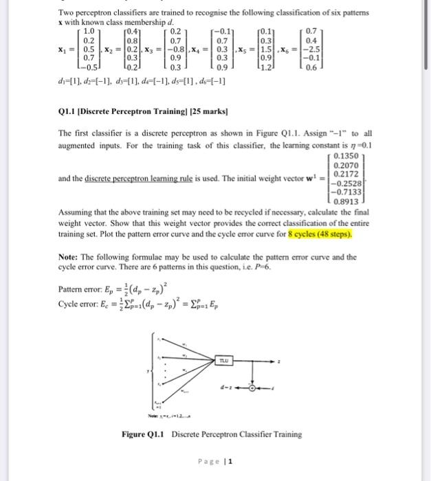 Solved Two perceptron classifiers are trained to recognise | Chegg.com