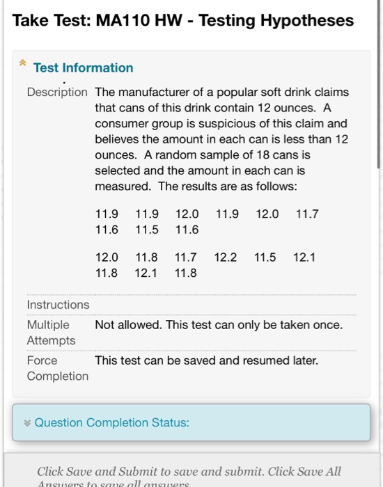 Solved Take Test: MA110 HW - Testing Hypotheses Test | Chegg.com
