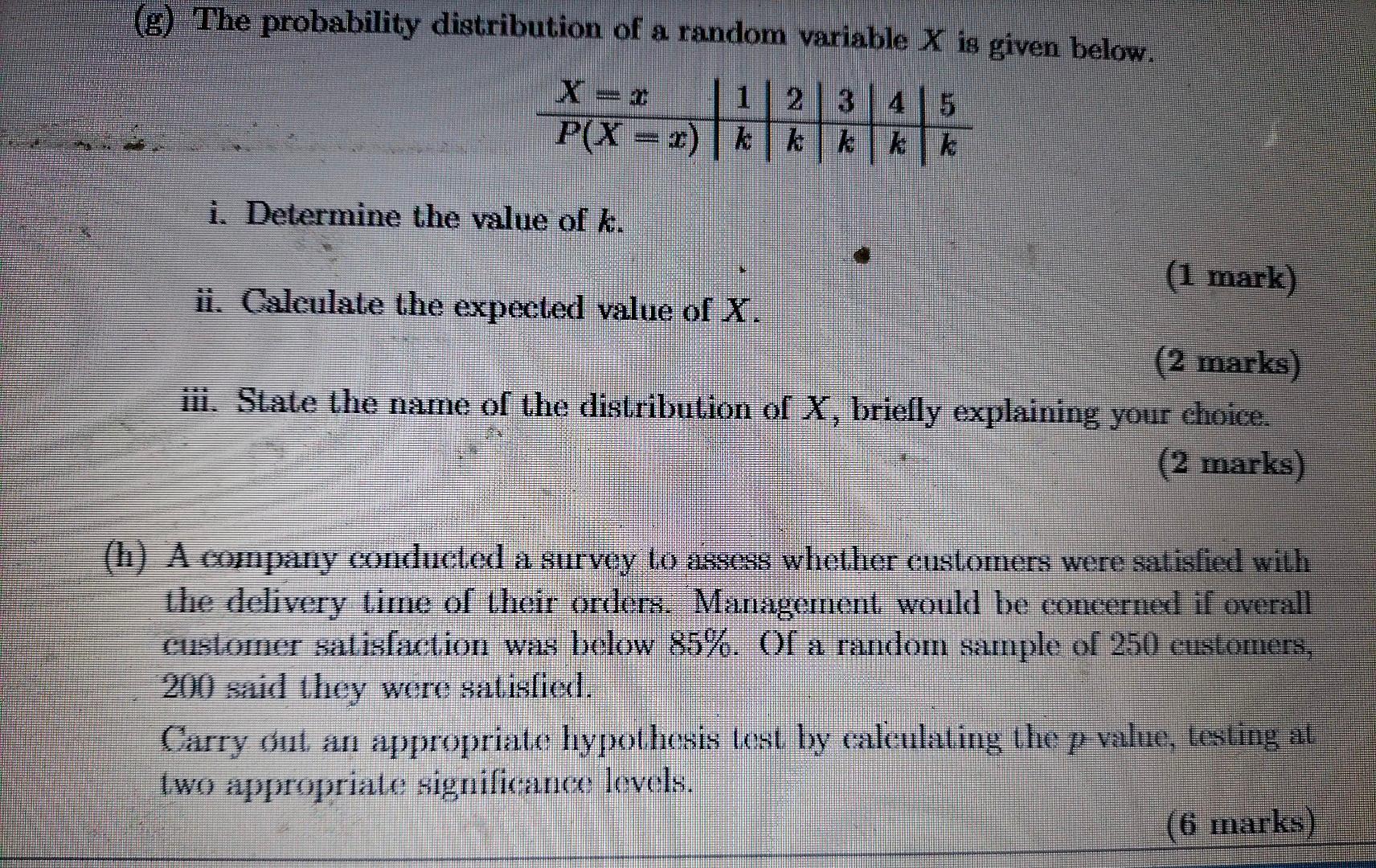 Solved (g) The probability distribution of a random variable | Chegg.com