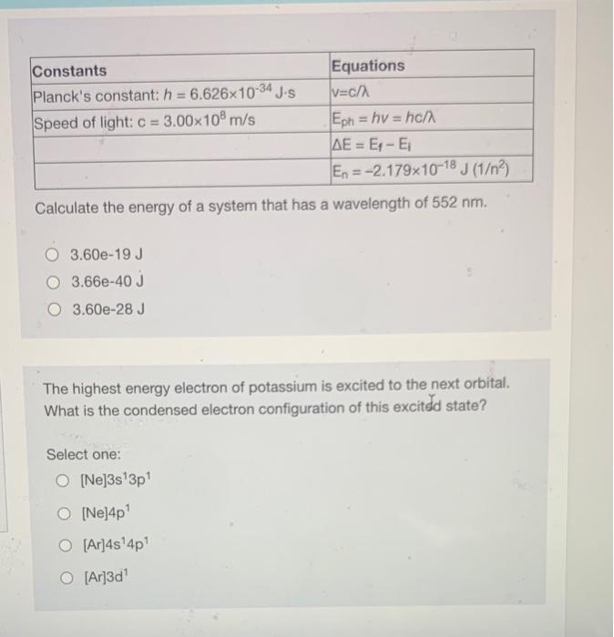 Solved Constants Equations Planck's constant: h = | Chegg.com